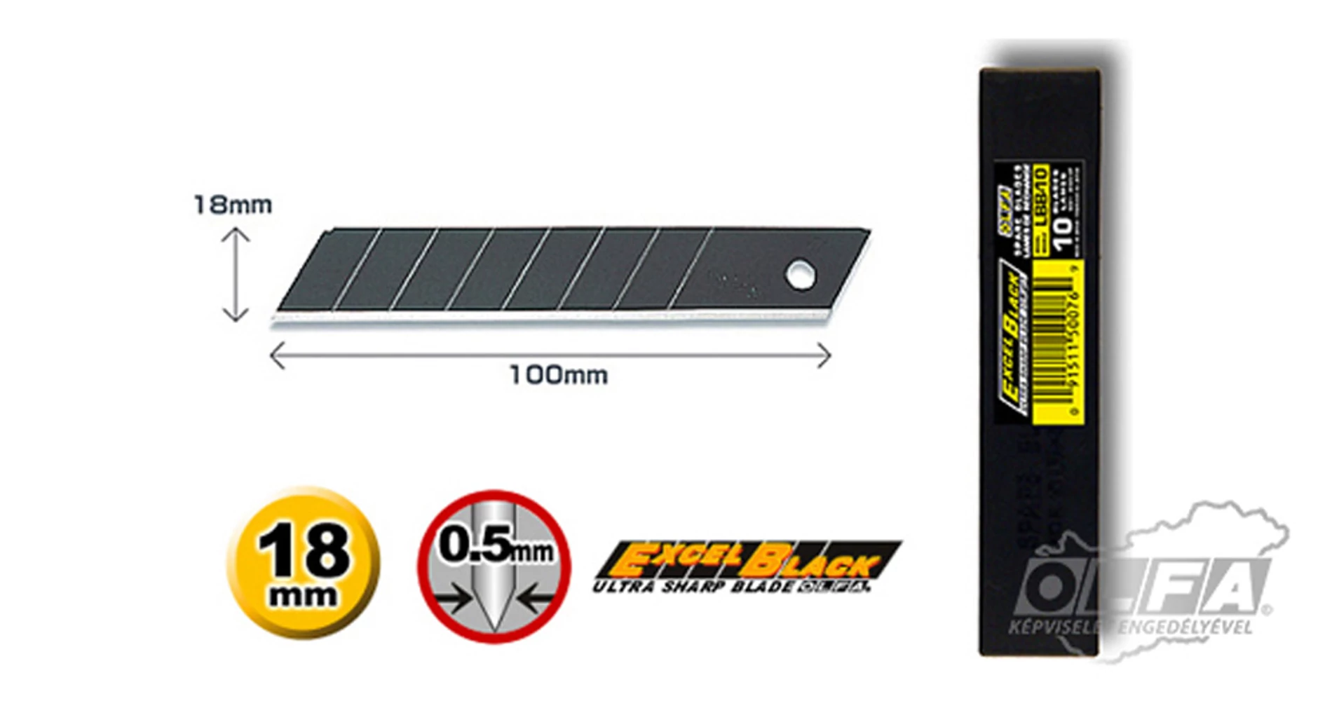 OLFA LBB-10 - 18mm-es keskenyebb élszögű edzett tördelhető penge 10db | olfa Standard penge