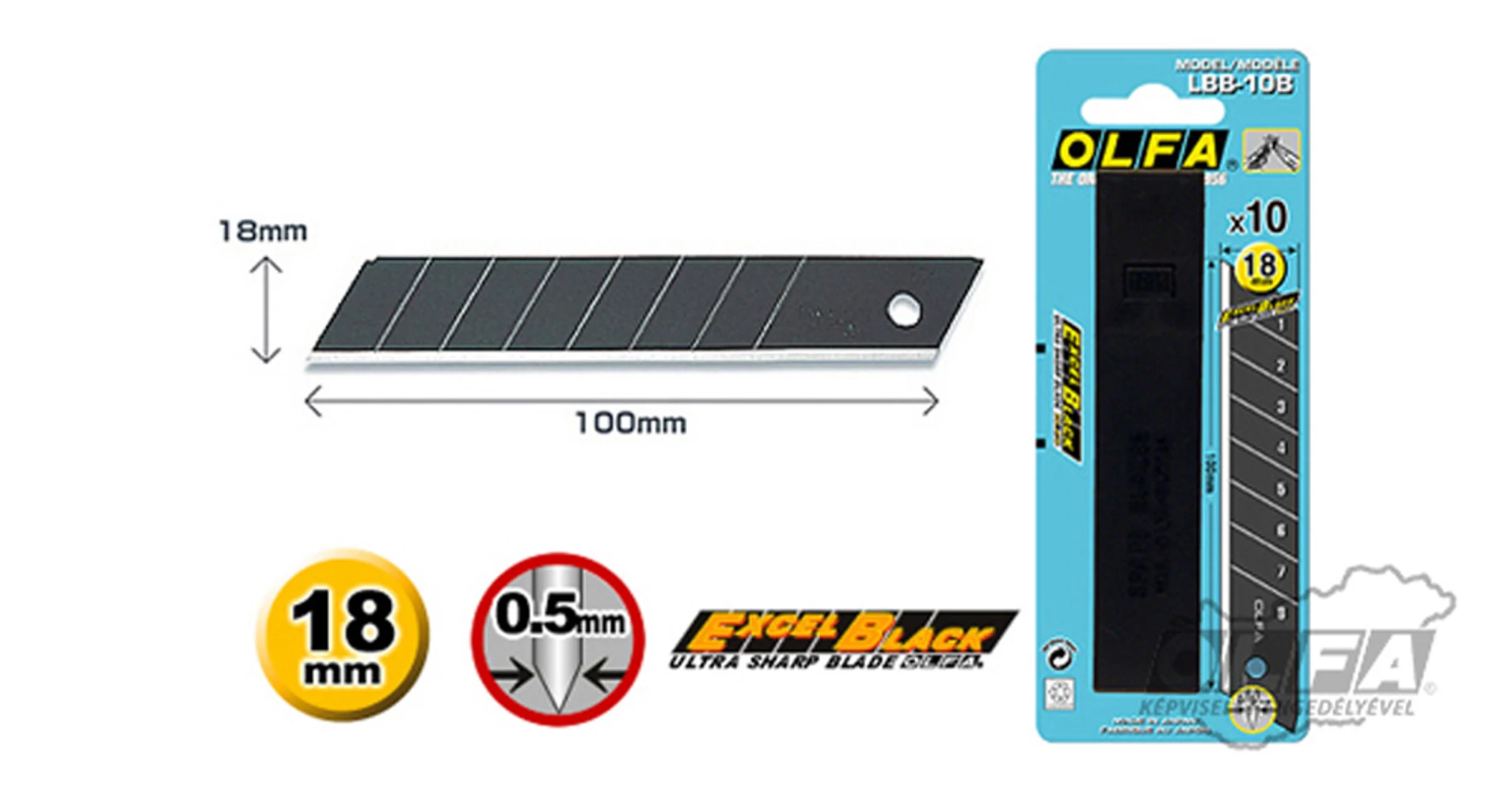 OLFA LBB-10B - 18mm-es keskenyebb élszögű edzett tördelhető penge (10 db/cs) | olfa Standard penge